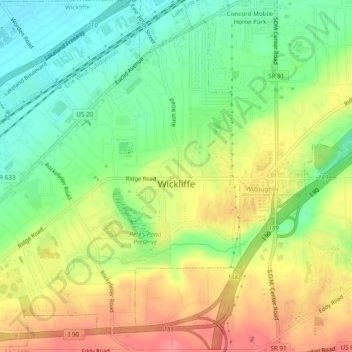 Carte topographique Wickliffe, altitude, relief